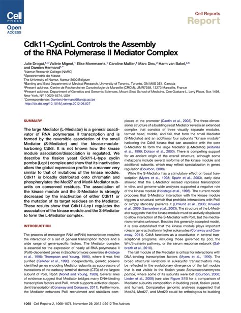 Pdf Cdk11 Cyclinl Controls The Assembly Of The Rna Polymerase Ii Mediator Complex