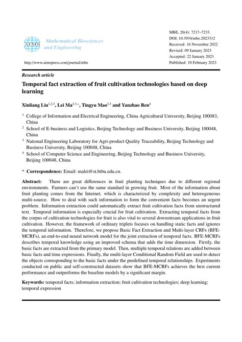 Pdf Temporal Fact Extraction Of Fruit Cultivation Technologies Based On Deep Learning