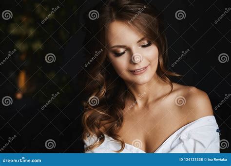 Beautiful And Half Naked Brunette Model Girl In Men S Shirt With Bright Makeup And Seductive
