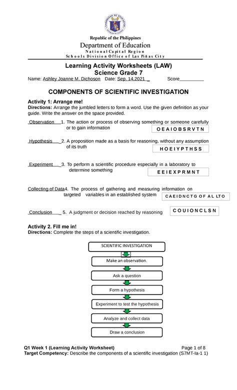Learning Activity Worksheet Week 1 Components Of Scientific