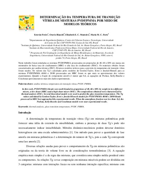 Pdf Determinação Da Temperatura De Transição Vítrea De Misturas Pvdf