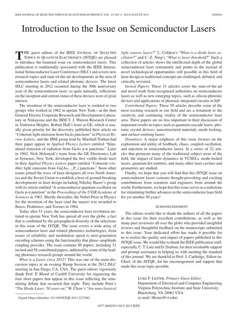 Pdf Introduction To The Issue On Semiconductor Lasers