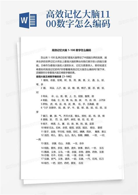 高效记忆大脑1 100数字怎么编码word模板下载 编号qnxroyyx 熊猫办公