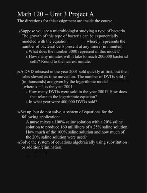 Math 120 Unit 3 Project A The Directions For This