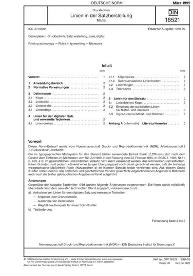 DIN 16521:1999 DE - Drucktechnik - Linien in der Satzherstellung - Maße ...