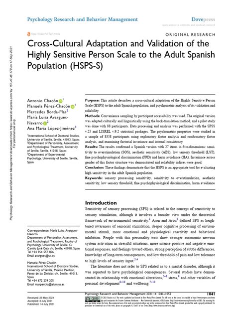 Cross Cultural Adaptation And Validation Of The Highly Sensitive Person Scale To The Adult