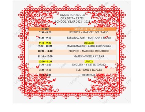 Class Schedule 2022 2023 Pdf