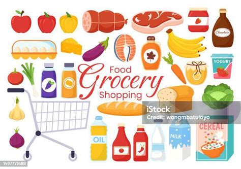 식품 식료품점 쇼핑 벡터 일러스트레이션은 슈퍼마켓에서 플랫 만화 손으로 그린 템플릿에 식품 품목 및 제품 구색을 가지고 있다 가방에 대한 스톡 벡터 아트 및 기타 이미지
