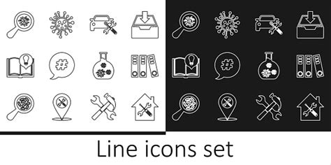 라인 하우스 서비스 사무실 폴더 자동차 해시태그 말풍선 흥미로운 사실 돋보기 아래의 미생물 바이러스 및 박테리아 아이콘이 있는