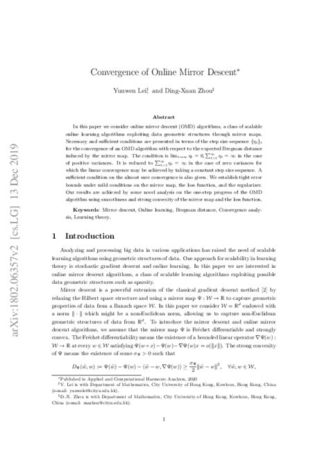 Pdf Convergence Of Online Mirror Descent