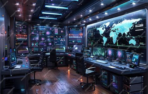 Premium Photo Hightech Control Room With Multiple Monitors And World Map Display For Data