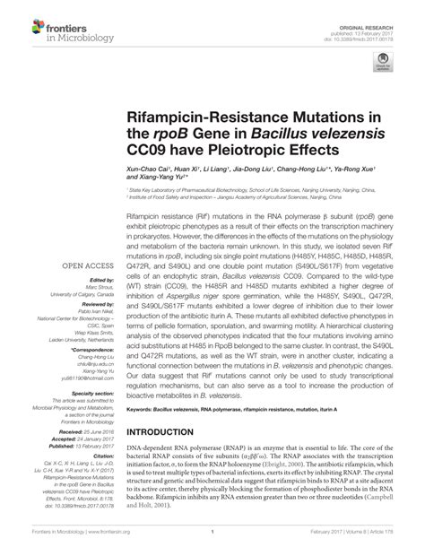 Pdf Rifampicin Resistance Mutations In The Rpob Gene In Bacillus Velezensis Cc09 Have