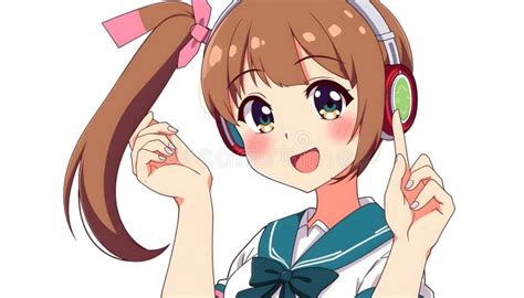 Anime Girl Wearing Headphones Smiling Illustration Stock Illustration