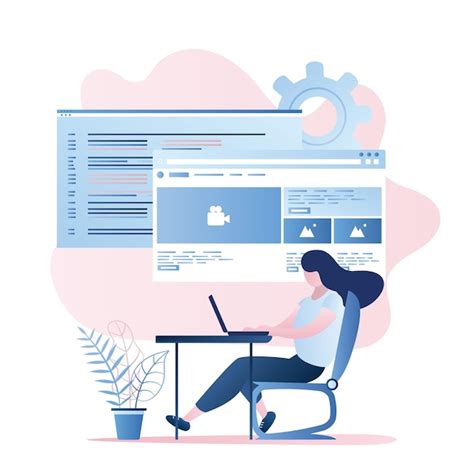 Premium Vector Beauty Female Programmer With Laptop At Workplace Frontend And Backend