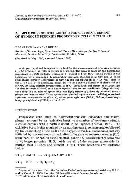 Pdf A Simple Colorimetric Method For The Measurement Of Hydrogen Peroxide Produced By Cells In