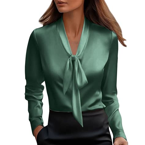 Ahdbta Womens Elegant Satin Silk Blouse Long Sleeve Bow Tie Neck