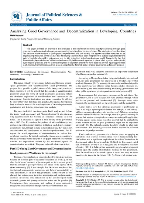 Pdf Analyzing Good Governance And Decentralization In Developing Countries