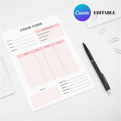 Editable Order Form Template Purchase Order Form Invoice Form Small Business Forms Printable