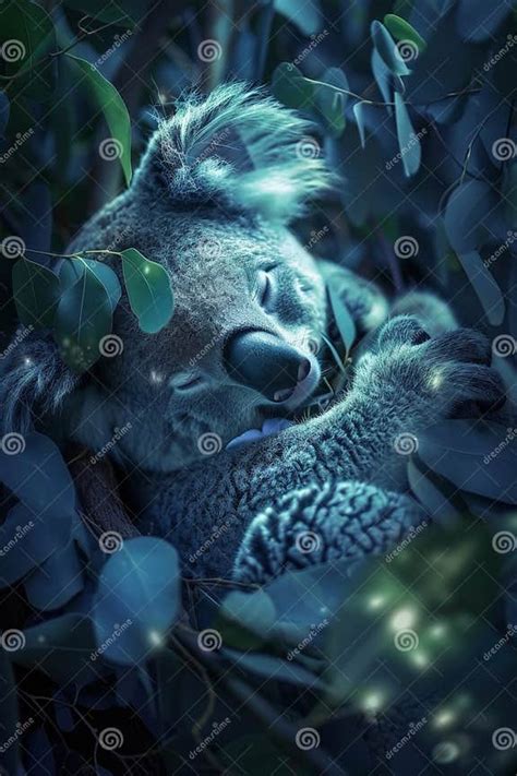 Peaceful Koala Sleeping In Eucalyptus Tree At Night With Glowing