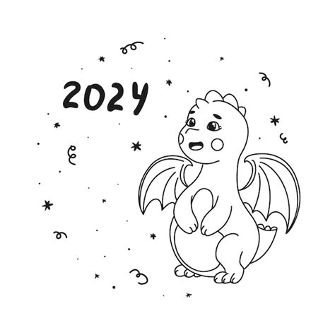 귀여운 용 새해 2024 년 녹색 나무 용 흑백 색칠 공부 페이지 프리미엄 벡터