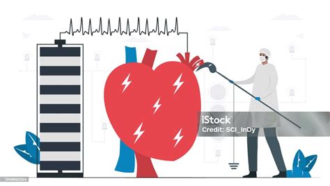 의사는 빈맥 부정맥이라고 불리는 심장 질환 문제를 치료합니다 주기적인 신호는 빠른 임펄스 반응입니다 백색 배경에 격리된 심장학 벡터 일러스트레이션 과학에 대한 스톡 벡터