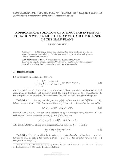 Pdf Approximate Solution Of A Singular Integral Equation With A Multiplicative Cauchy Kernel