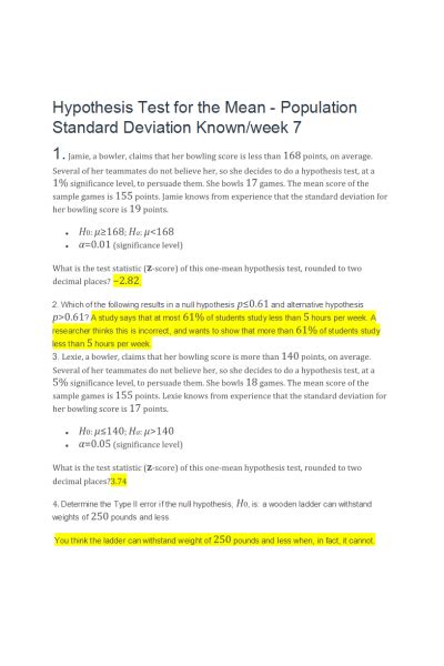 Math 225n Week 7 Assignment Hypothesis Test For The Mean Population Standard Deviation Known