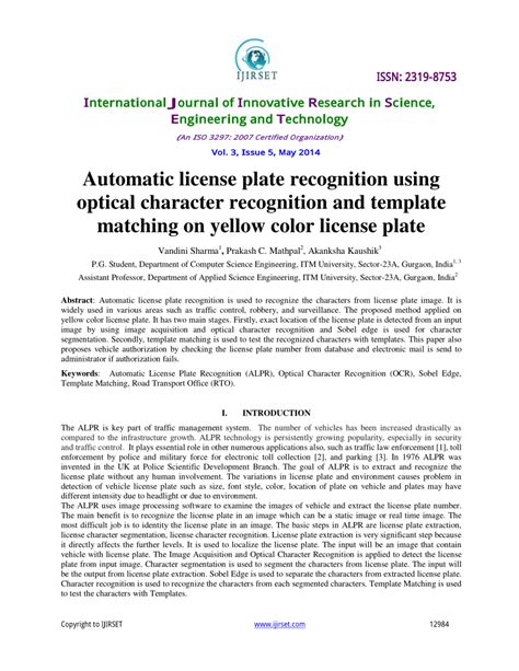 Pdf Automatic License Plate Recognition Using Optical Character Recognition And Template