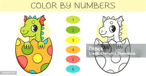 달걀에 귀여운 용이 있는 아이들을 위한 숫자 색칠하기 책 색칠하기 예제가 있는 만화 용과 색칠 페이지 흑백 및 컬러 버전 벡터 그림입니다 0명에 대한 스톡 벡터 아트 및