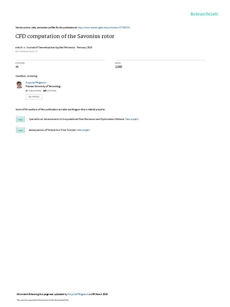 Cfd Computation Of The Savonius Rotor Pdf Computational Fluid