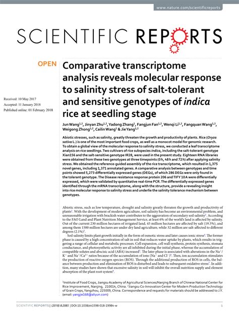 Pdf Comparative Transcriptome Analysis Reveals Molecular Response To Salinity Stress Of Salt