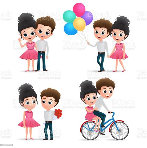 발렌타인 커플 데이트 캐릭터 벡터 세트 여성과 남성 애호가 발렌타인 캐릭터 워킹 자전거 타기 놀라운 흔들기 및 흰색 배경에 고립 된 다채로운 풍선을 들고 걷기에 대한 스톡