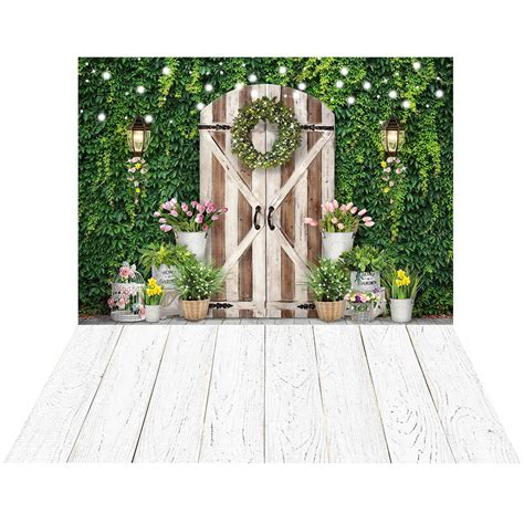 Avezano Green Walls And Wooden Doors 2 Pcs Spring Set Backdrop