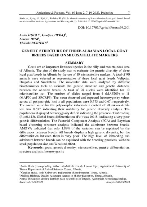 Pdf Genetic Structure Of Three Albanian Local Goat Breeds Based On