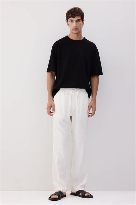 Mens White Relaxed Fit Linen Blend Trousers Handm In