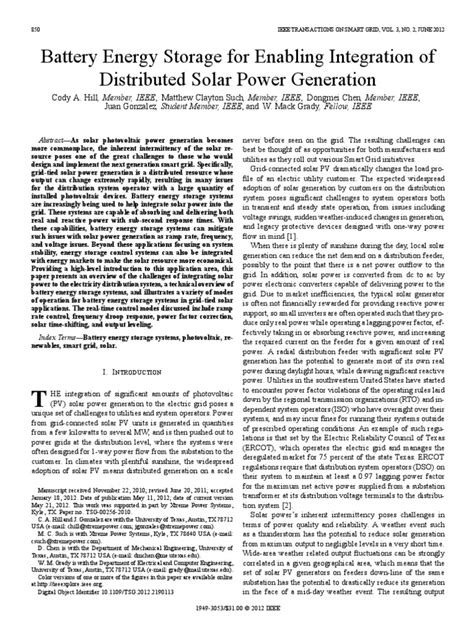 Battery Energy Storage For Enabling Integration Of Distributed Solar Power Generation Pdf