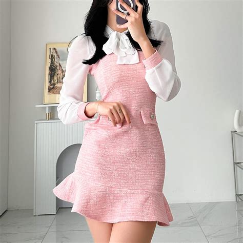 옷자락 여자 머메이드 타이 긴팔 레이어드 트위드 숏원피스