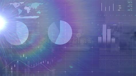 animation of world map graphs and charts processing data with lights