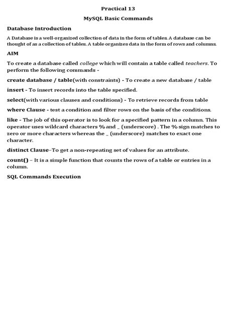 practical 16 mysql basic commands pdf table database databases
