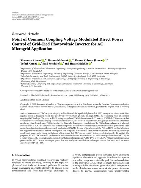 Pdf Point Of Common Coupling Voltage Modulated Direct Power Control Of Grid Tied Photovoltaic