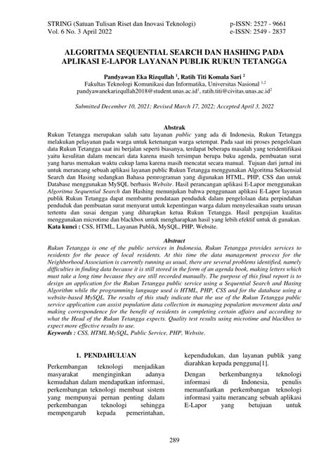 Pdf Algoritma Sequential Search Dan Hashing Pada Aplikasi E Lapor Layanan Publik Rukun Tetangga