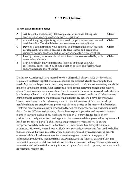 Acca Per Objectives Claim B Act With Integrity Objectivity