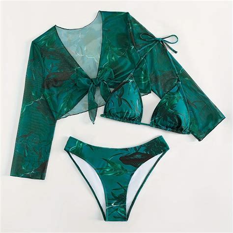 플러스 사이즈 Vacay 비키니 세트 여성용 플러스 리프 프린트 긴 소매 타이 프론트 커버 업 트라이앵글 홀터 브라 팬티 수영복 3피스 세트 Artofit