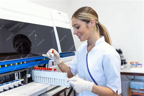 Premium Photo Lab Tech Loading Samples Into A Chemistry Analyzer Female Lab Tech Loading