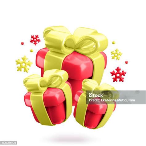 벡터 3d 선물과 눈송이 개념입니다 하얀 바탕에 황금빛 활과 눈이 있는 귀여운 떨어지는 빨간 선물 상자 사실적인 3d는 새해 놀라움을 렌더링합니다 트렌디한 크리스마스