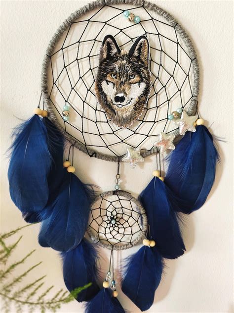 Native Dreamcatcher Grey Wolf Dream Catcher Blue Custom Feathers