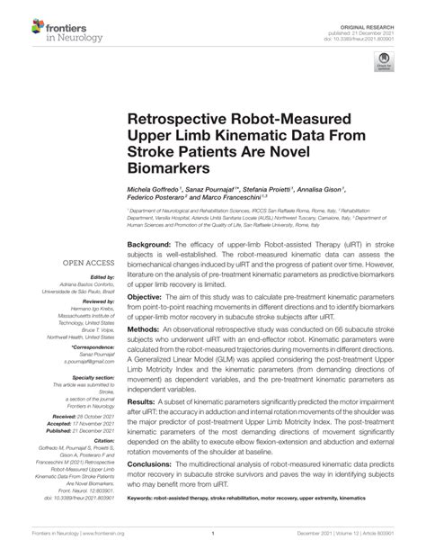 Pdf Retrospective Robot Measured Upper Limb Kinematic Data From