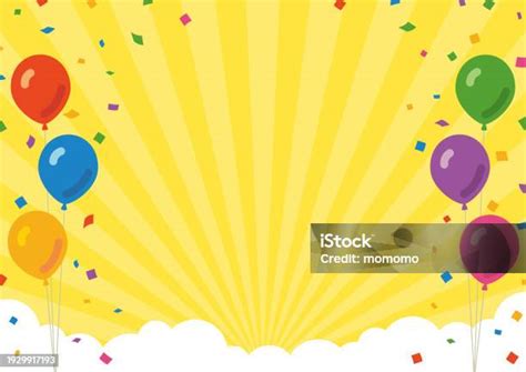 풍선 색종이 조각 구름의 액자 소재가 집중된 노란색 선의 배경에 있습니다 풍선에 대한 스톡 벡터 아트 및 기타 이미지 풍선 파티 배경 주제 Istock
