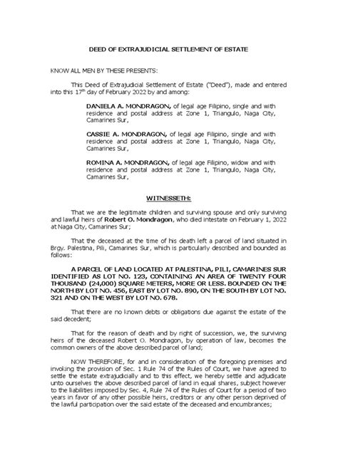 Deed Of Extrajudicial Settlement Of Estate Download Free Pdf