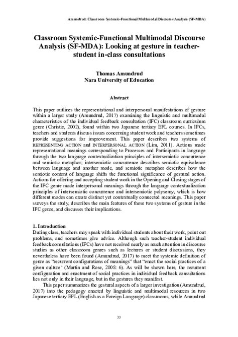 Pdf Classroom Systemic Functional Multimodal Discourse Analysis Sf Mda Looking At Gesture